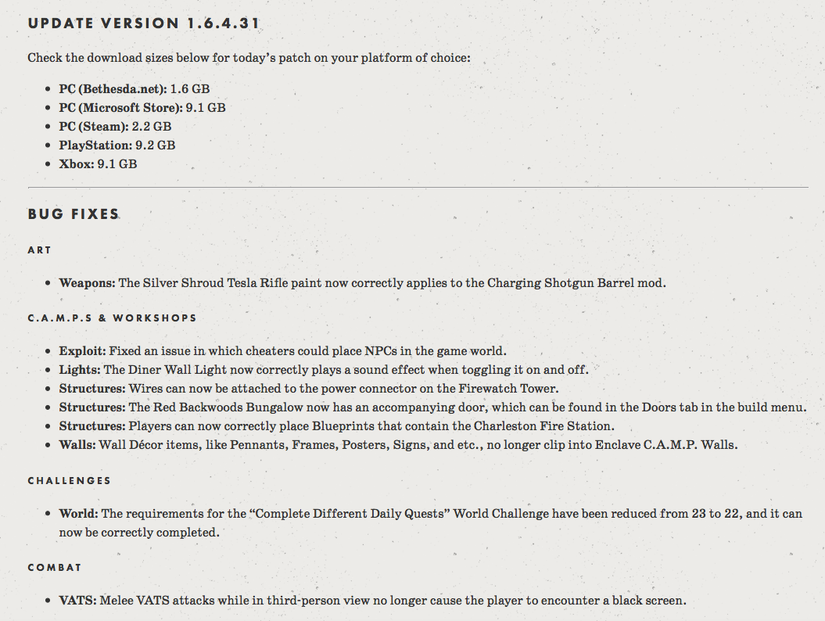 Fallout 76 Gets New Update