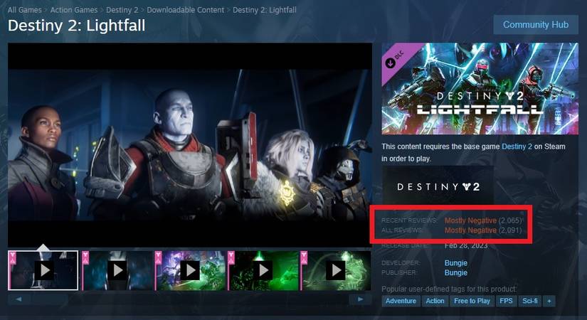 Destiny 2 Lightfall Falls to 'Mostly Negative' Review Average on Steam