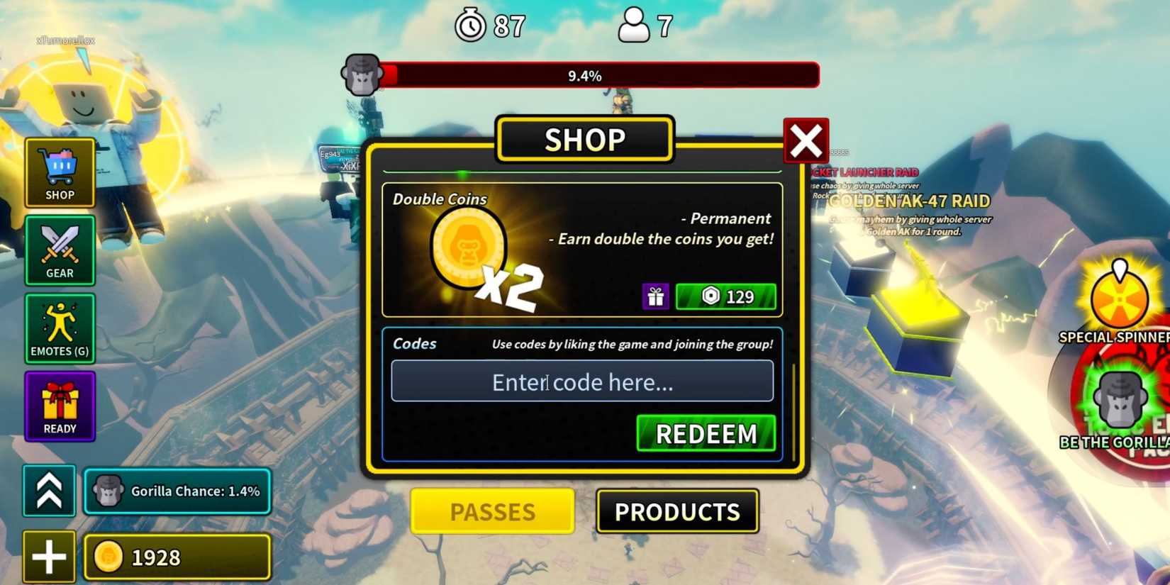 Roblox: Gorilla vs Humans Codes