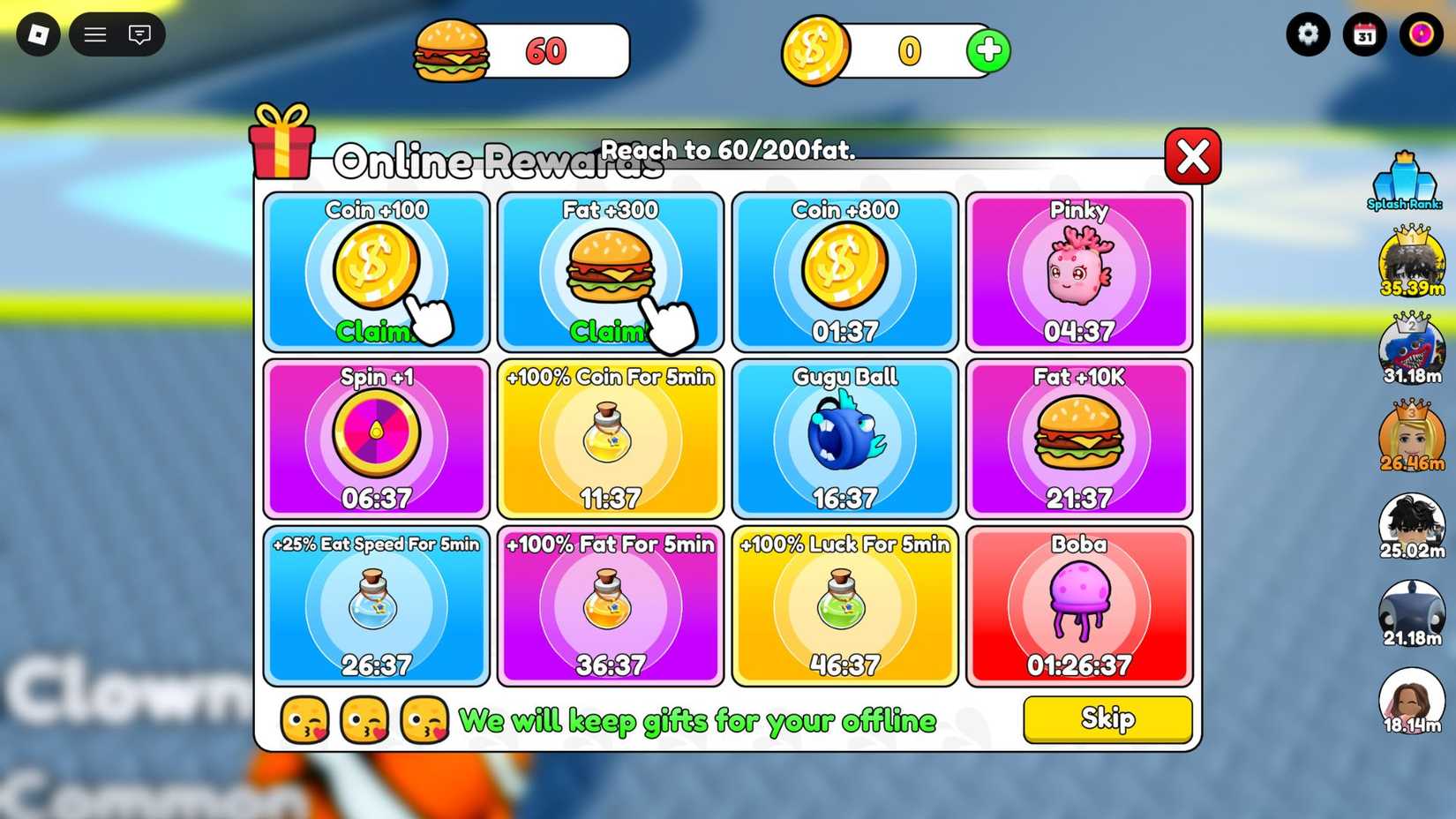 Roblox Get Fat to Splash Codes