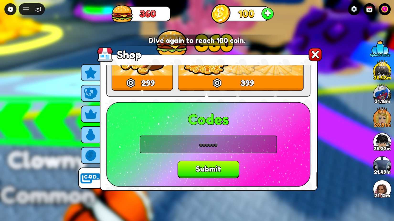 Roblox Get Fat to Splash Codes