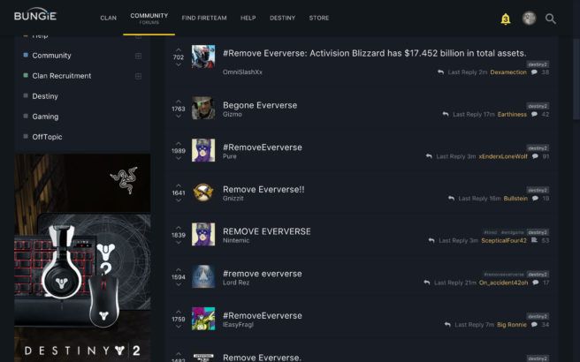 Destiny 2 Forums Overrun with Remove Eververse Posts