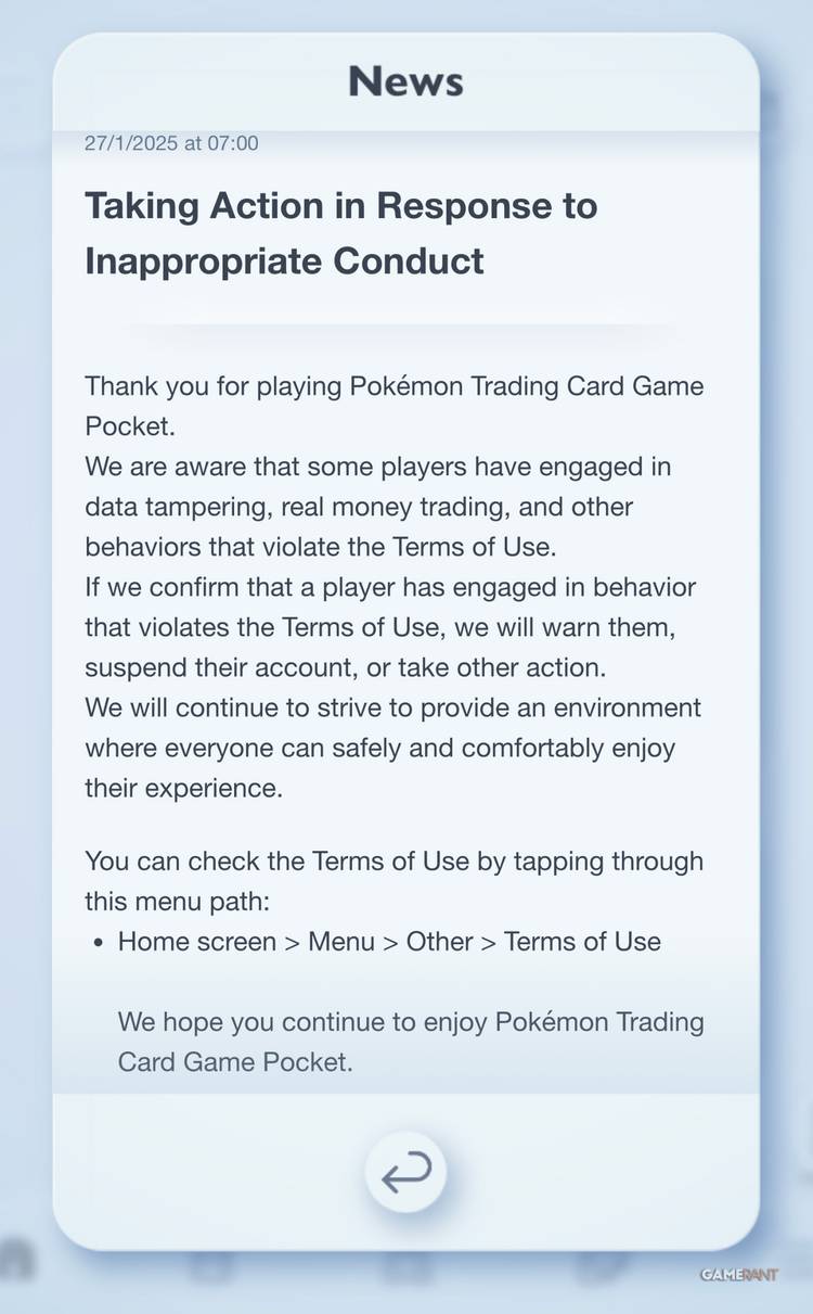 Pokemon TCG Pocket Has a Warning for Players